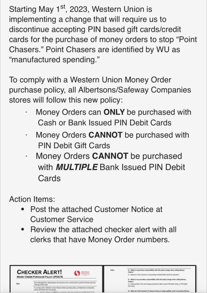 Safeway will no longer accept VGC for money orders | Miles per Day